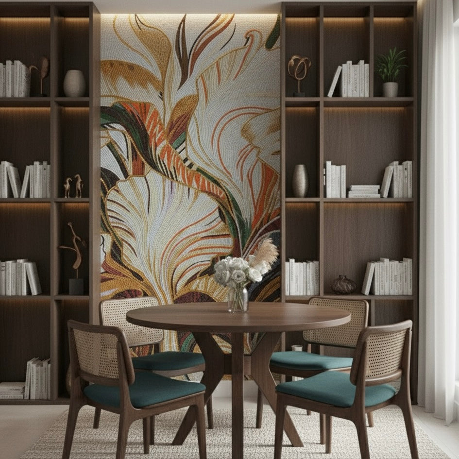 Abstract Tropical Mosaic Mural Foliage in Copper & Gold | BVM Home