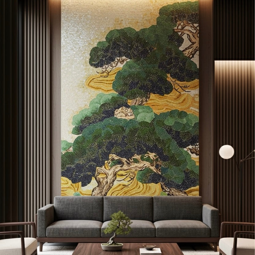 Custom Mosaic Mural Bonsai Pine Tree in Gold & Emerald | BVM Home