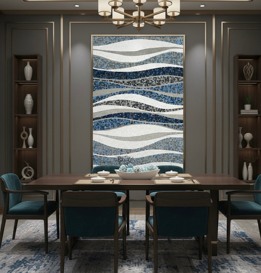 Ocean Flow: Custom Blue & White Abstract Wavy Mosaic Mural | BVM Home