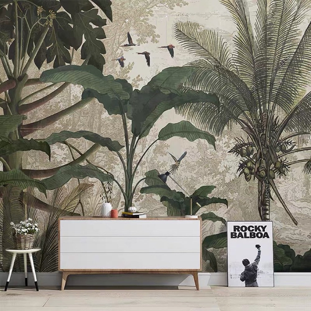 Custom Wallpaper Mural Vintage Birds Palm Plants Forest | BVM Home