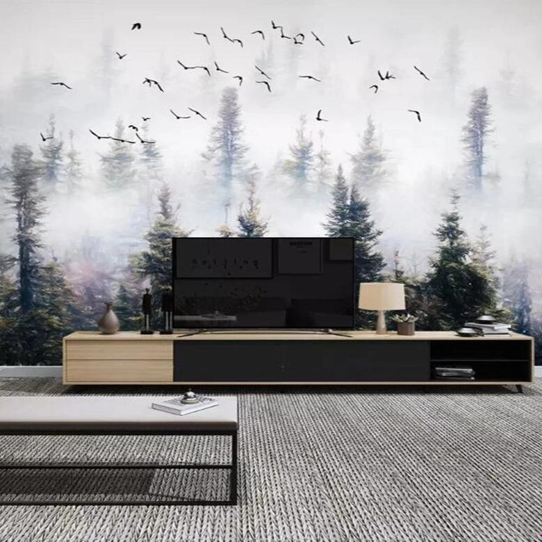 Custom Wallpaper Mural Forest Clouds Birds Wallcovering | BVM Home