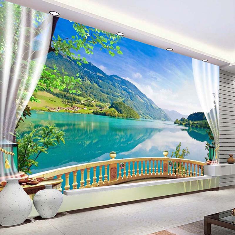 Custom Wallpaper Mural Window View Sky Clouds Lake Forest | BVM Home