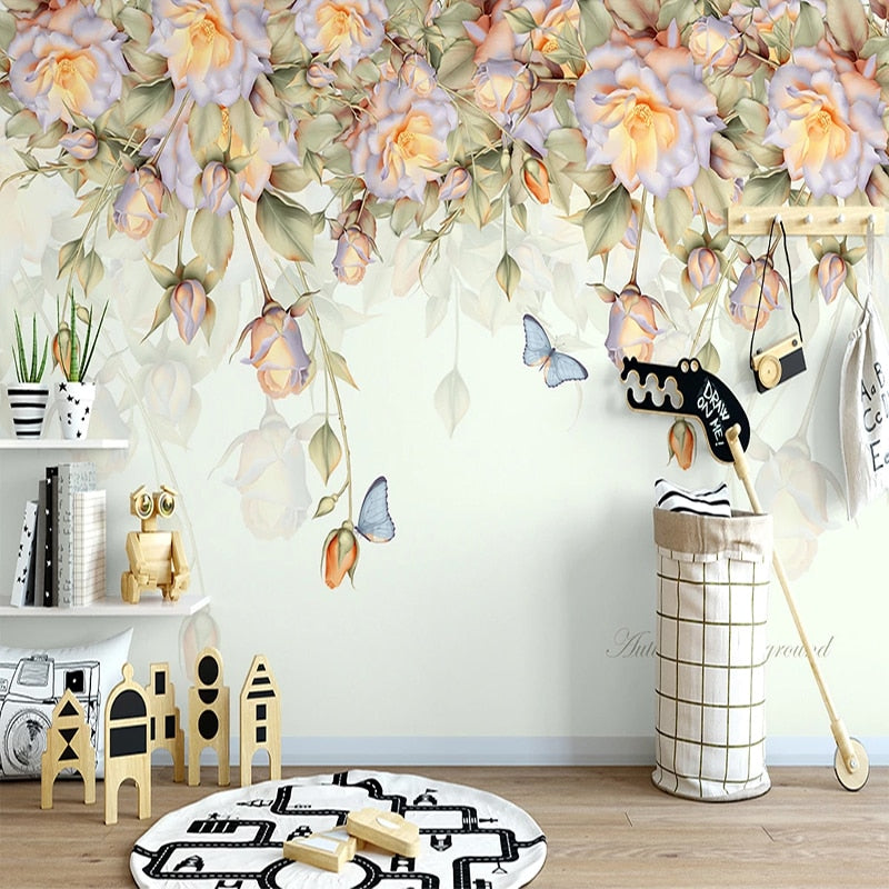 Custom Wallpaper Mural Hand Painted Rose Flower Butterfly | BVM Home