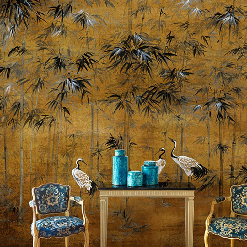 Custom Wallpaper Mural Bamboo Leaf and Cranes | BVM Home