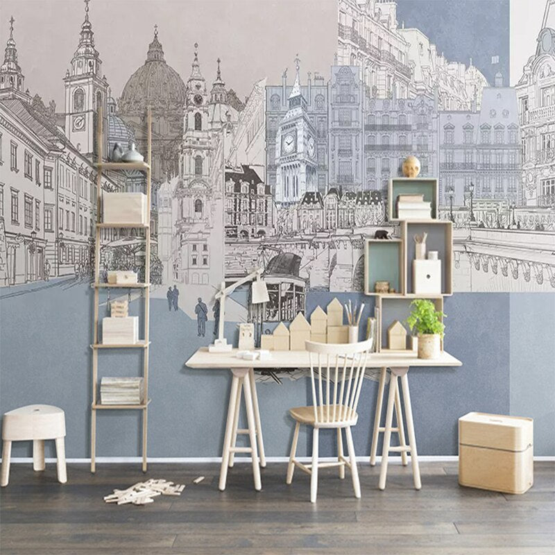 Custom Wallpaper Mural Modern Hand-painted City Buildings | BVM Home