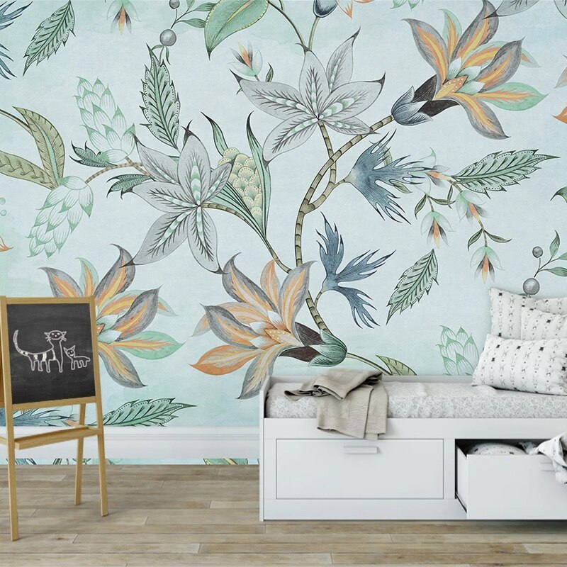Custom Mural Wallpaper Pastoral Leaves Flowers | BVM Home