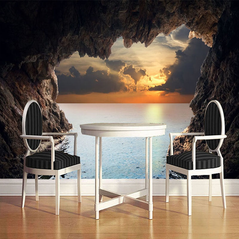 Custom Wallpaper Mural 3D Cave Seascape Sunrise Home Decor | BVM Home