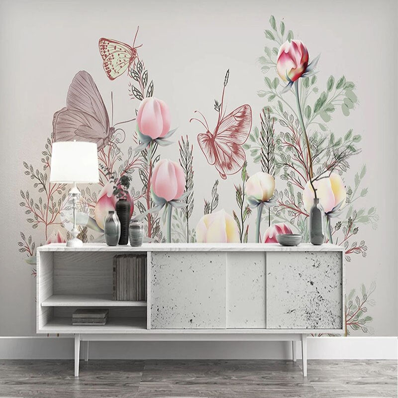 Custom Wallpaper Mural Modern Pink Flower Butterfly | BVM Home