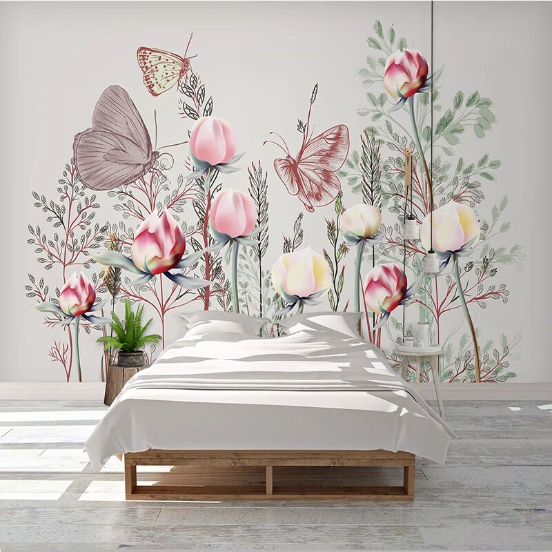 Custom Wallpaper Mural Modern Pink Flower Butterfly | BVM Home
