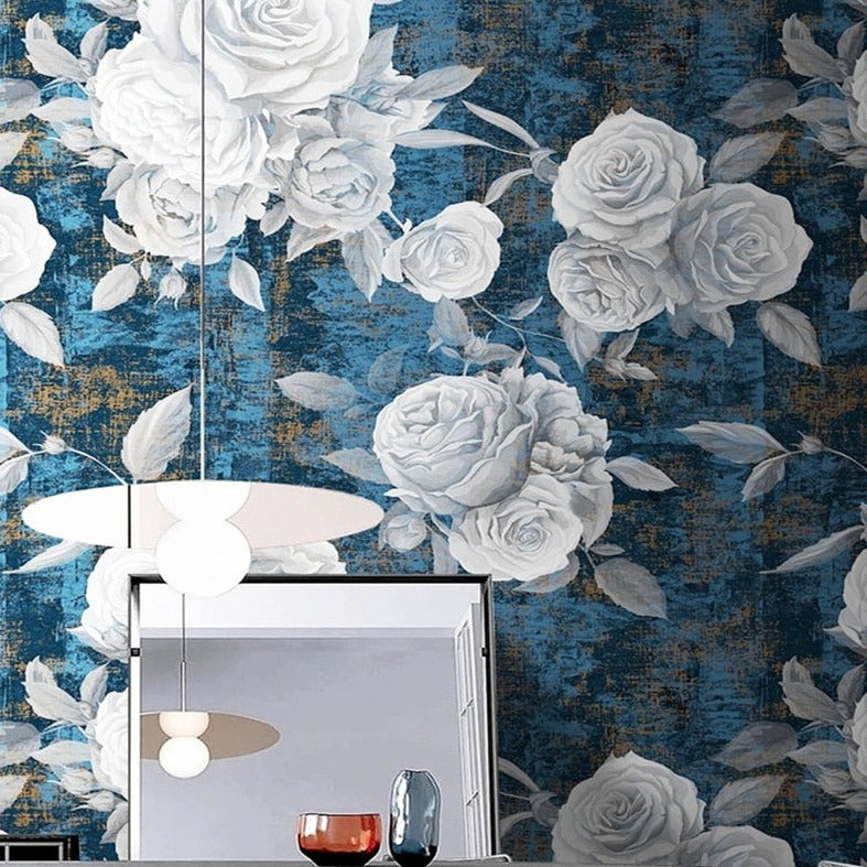 Custom Wallpaper Mural Retro Style Rose Flowers Blue | BVM Home