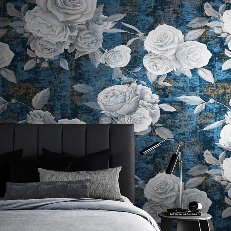 Custom Wallpaper Mural Retro Style Rose Flowers Blue | BVM Home