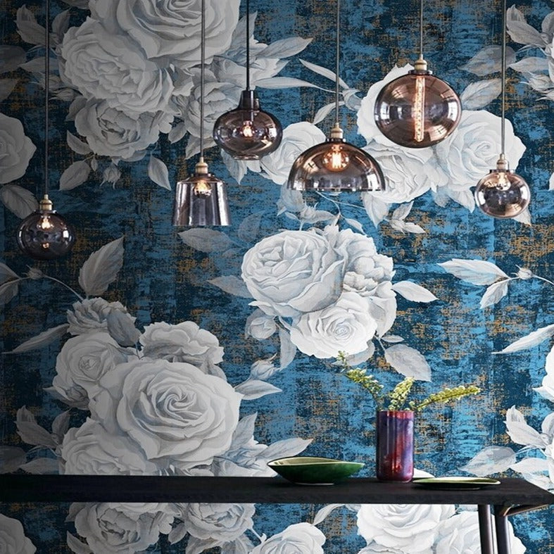 Custom Wallpaper Mural Retro Style Rose Flowers Blue | BVM Home