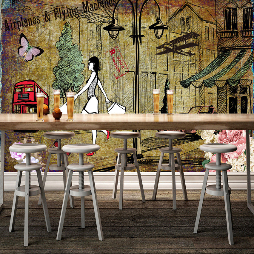Custom Mural Wallpaper Retro Nostalgic Graffiti Streetscape | BVM Home