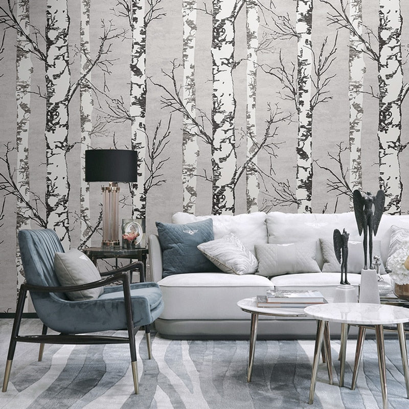 Gray White Birch Tree Woods PVC Wallpaper | BVM Home
