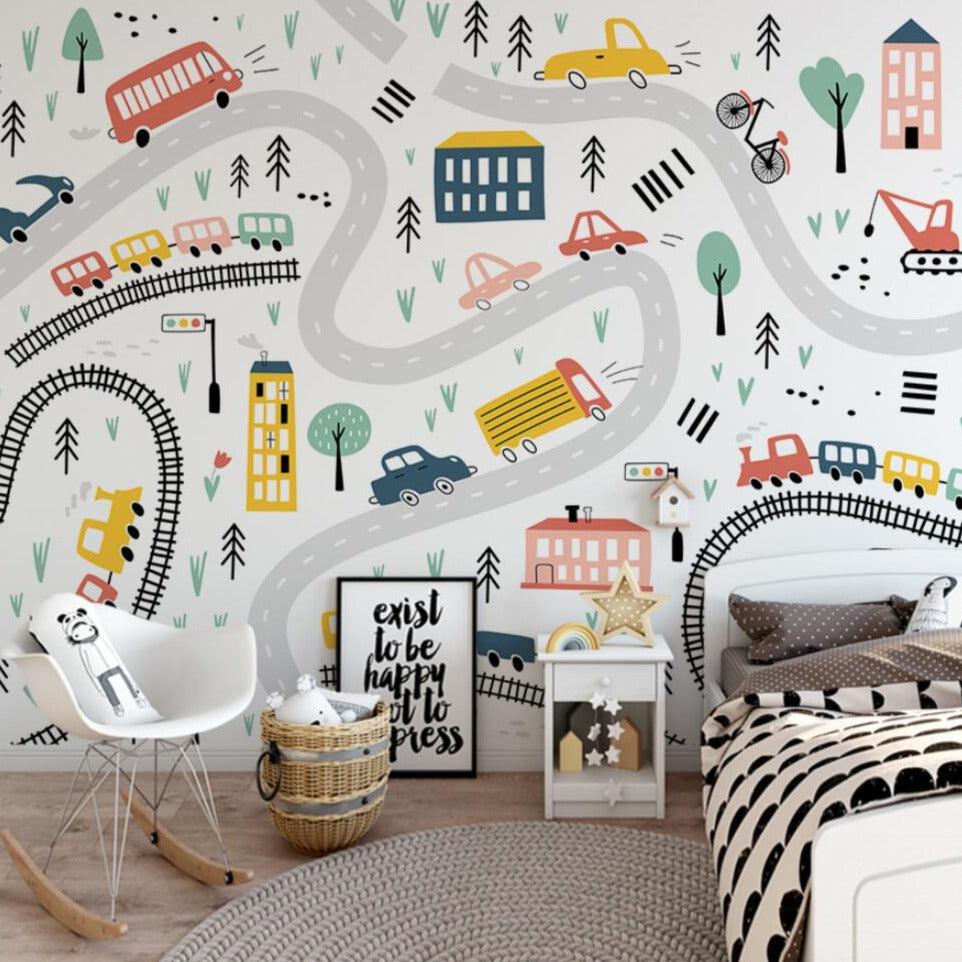 Custom Mural Cartoon Road Car Wallpaper for Kid's Room | BVM Home