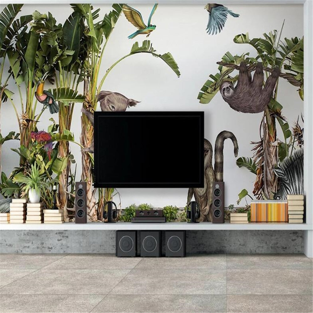 Custom Wallpaper Mural Rainforest Banana Leaf Animals | BVM Home