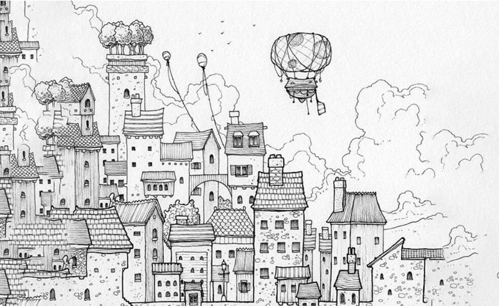 Custom Wallpaper Mural Black and White Cartoon Houses | BVM Home