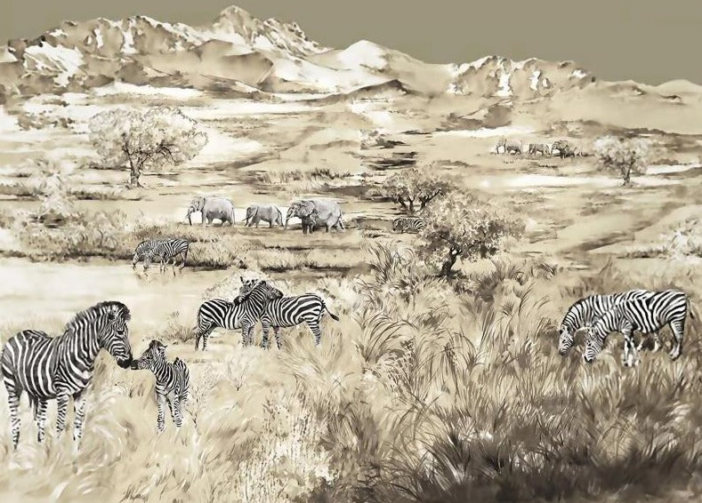 Custom Mural Vintage African Prairie Elephant Zebra | BVM Home