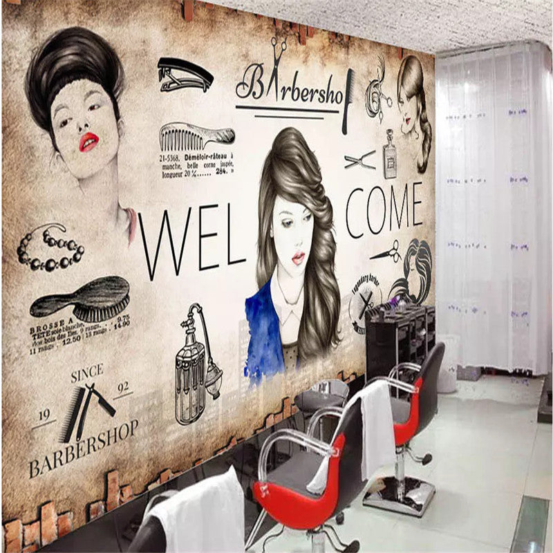 Vintage Barber Shop Mural Wallpaper Hair Salon Wallcovering | BVM Home