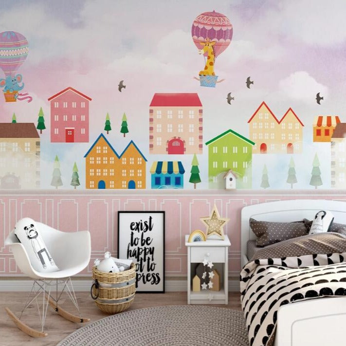 Custom Wallpaper Mural for Kids' Room Cartoon Cute Houses | BVM Home