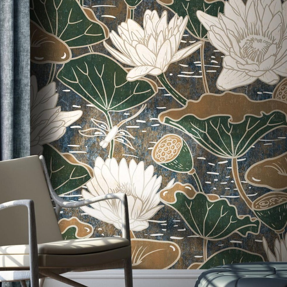 Custom Wallpaper Mural Retro Plant Lotus Flower | BVM Home