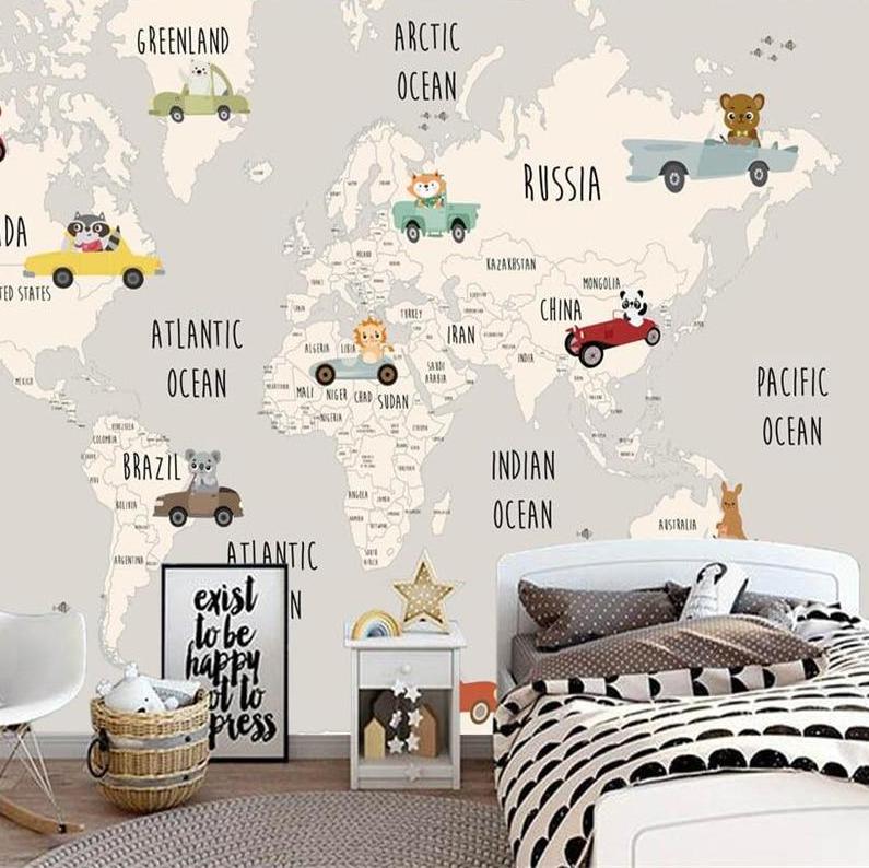 Custom Wallpaper Cartoon World Map Mural for Kid's Room | BVM Home