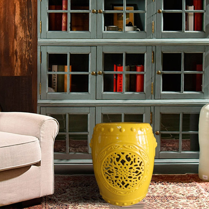 Yellow Ceramic Drum Stool Modern Home Decor Garden Stool | BVM Home